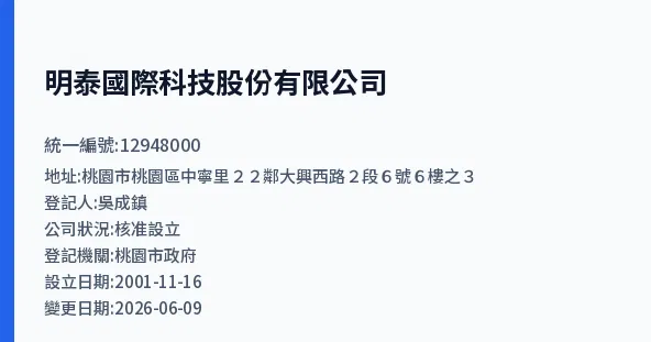 明泰國際科技股份有限公司的照片-統編 12948000(桃園市) 公司登記資料與營業項目詳細圖表