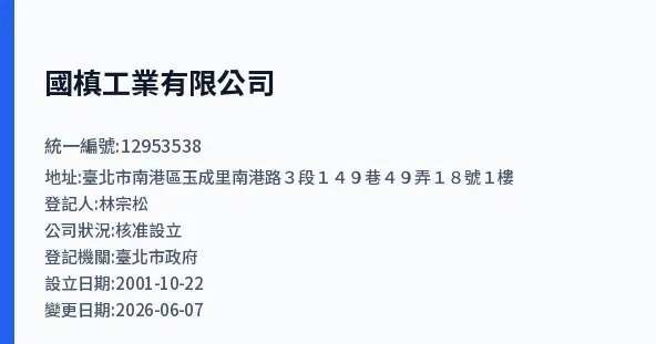 國槙工業有限公司的照片-統編 12953538(臺北市) 公司登記資料與營業項目詳細圖表