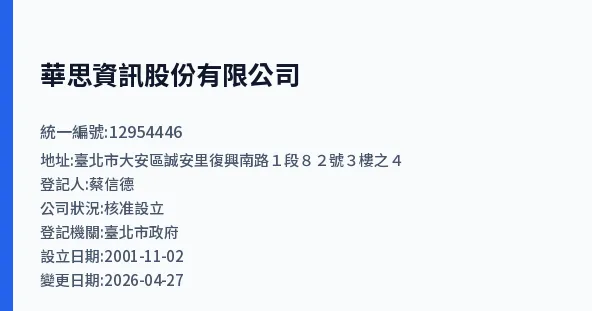 華思資訊股份有限公司的照片-統編 12954446(臺北市) 公司登記資料與營業項目詳細圖表