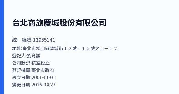 台北商旅慶城股份有限公司的照片-統編 12955141(臺北市) 公司登記資料與營業項目詳細圖表