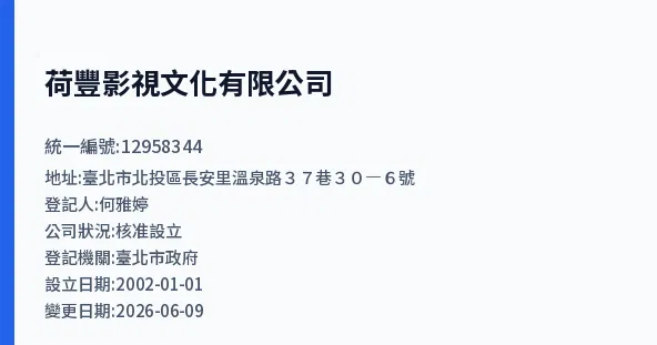 荷豐影視文化有限公司的照片-統編 12958344(臺北市) 公司登記資料與營業項目詳細圖表