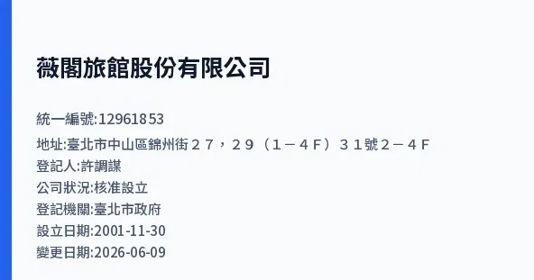 薇閣旅館股份有限公司的照片-統編 12961853(臺北市) 公司登記資料與營業項目詳細圖表