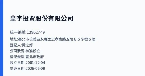皇宇投資股份有限公司的照片-統編 12962749(臺北市) 公司登記資料與營業項目詳細圖表
