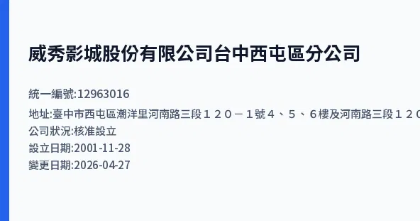 威秀影城股份有限公司台中西屯區分公司的照片-統編 12963016(臺中市) 公司登記資料與營業項目詳細圖表