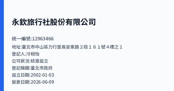 永欽旅行社股份有限公司的照片-統編 12963466(臺北市) 公司登記資料與營業項目詳細圖表