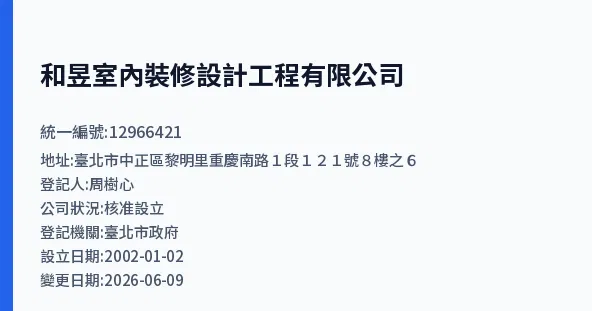 和昱室內裝修設計工程有限公司的照片-統編 12966421(臺北市) 公司登記資料與營業項目詳細圖表