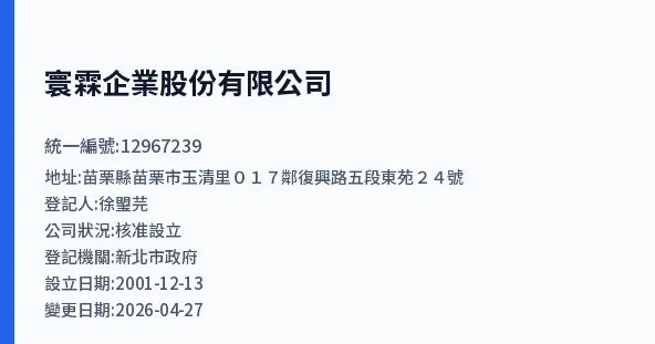 寰霖企業股份有限公司的照片-統編 12967239(苗栗縣) 公司登記資料與營業項目詳細圖表