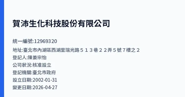 賀沛生化科技股份有限公司的照片-統編 12969320(臺北市) 公司登記資料與營業項目詳細圖表