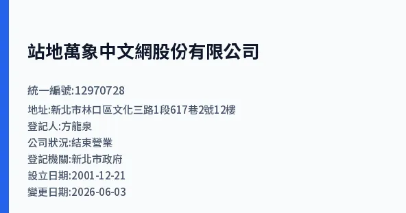 站地萬象中文網股份有限公司的照片-統編 12970728(新北市) 公司登記資料與營業項目詳細圖表