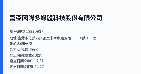 富亞國際多媒體科技股份有限公司的照片-統編 12970987(臺北市) 公司登記資料與營業項目詳細圖表