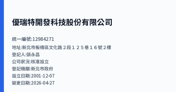 優瑞特開發科技股份有限公司的照片-統編 12984271(新北市) 公司登記資料與營業項目詳細圖表