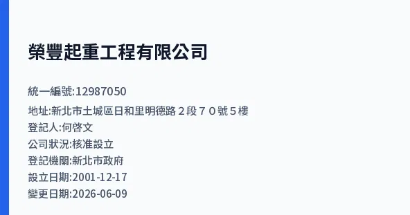 榮豐起重工程有限公司的照片-統編 12987050(新北市) 公司登記資料與營業項目詳細圖表
