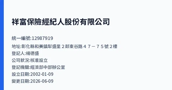 祥富保險經紀人股份有限公司的照片-統編 12987919(彰化縣) 公司登記資料與營業項目詳細圖表