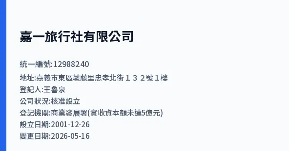 嘉一旅行社有限公司的照片-統編 12988240(嘉義市) 公司登記資料與營業項目詳細圖表