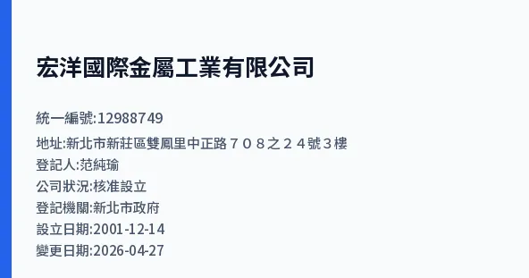 宏洋國際金屬工業有限公司的照片-統編 12988749(新北市) 公司登記資料與營業項目詳細圖表