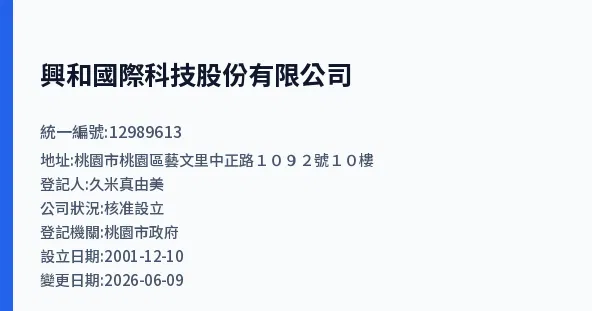 興和國際科技股份有限公司的照片-統編 12989613(桃園市) 公司登記資料與營業項目詳細圖表