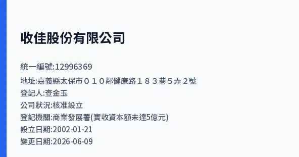 收佳股份有限公司的照片-統編 12996369(嘉義縣) 公司登記資料與營業項目詳細圖表