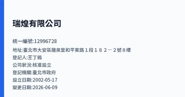 瑞煌有限公司的照片-統編 12996728(臺北市) 公司登記資料與營業項目詳細圖表