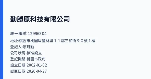 勤勝原科技有限公司的照片-統編 12996804(桃園市) 公司登記資料與營業項目詳細圖表