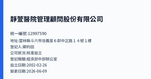 靜萱醫院管理顧問股份有限公司的照片-統編 12997590(雲林縣) 公司登記資料與營業項目詳細圖表