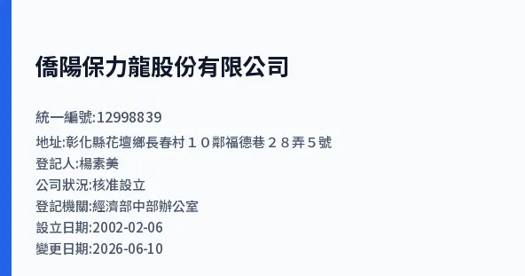 僑陽保力龍股份有限公司的照片-統編 12998839(彰化縣) 公司登記資料與營業項目詳細圖表