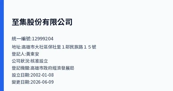 至集股份有限公司的照片-統編 12999204(高雄市) 公司登記資料與營業項目詳細圖表