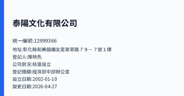 泰陽文化有限公司的照片-統編 12999366(彰化縣) 公司登記資料與營業項目詳細圖表