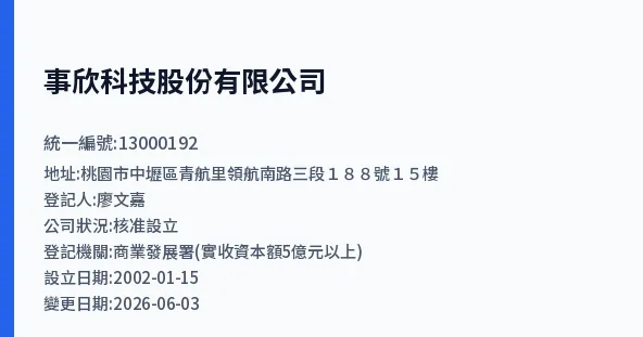 事欣科技股份有限公司的照片-統編 13000192(桃園市) 公司登記資料與營業項目詳細圖表
