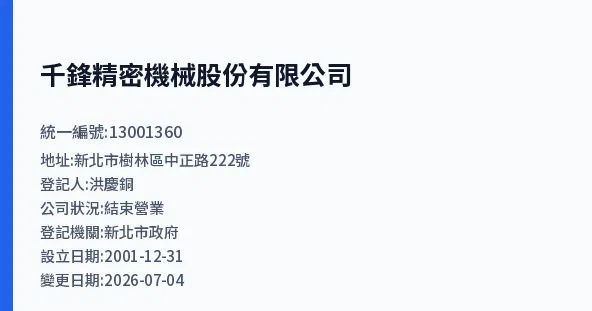 千鋒精密機械股份有限公司的照片-統編 13001360(新北市) 公司登記資料與營業項目詳細圖表