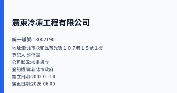 震東冷凍工程有限公司的照片-統編 13002190(新北市) 公司登記資料與營業項目詳細圖表