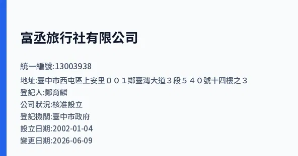 富丞旅行社有限公司的照片-統編 13003938(臺中市) 公司登記資料與營業項目詳細圖表