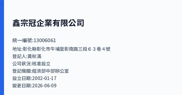 鑫宗冠企業有限公司的照片-統編 13006061(彰化縣) 公司登記資料與營業項目詳細圖表