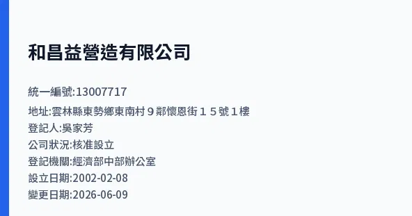 和昌益營造有限公司的照片-統編 13007717(雲林縣) 公司登記資料與營業項目詳細圖表
