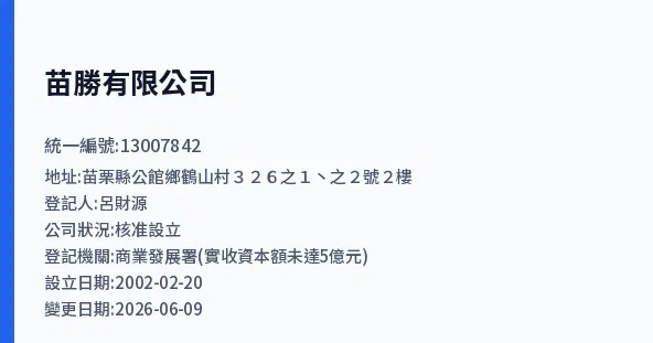 苗勝有限公司的照片-統編 13007842(苗栗縣) 公司登記資料與營業項目詳細圖表