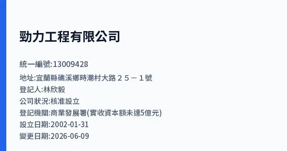 勁力工程有限公司的照片-統編 13009428(宜蘭縣) 公司登記資料與營業項目詳細圖表