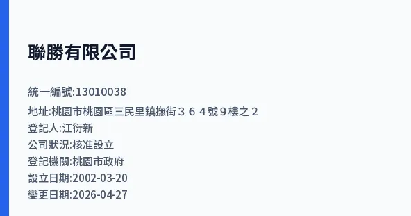 聯勝有限公司的照片-統編 13010038(桃園市) 公司登記資料與營業項目詳細圖表