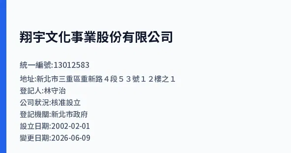 翔宇文化事業股份有限公司的照片-統編 13012583(新北市) 公司登記資料與營業項目詳細圖表
