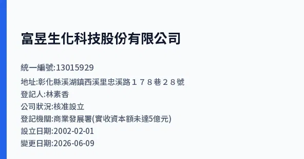 富昱生化科技股份有限公司的照片-統編 13015929(彰化縣) 公司登記資料與營業項目詳細圖表