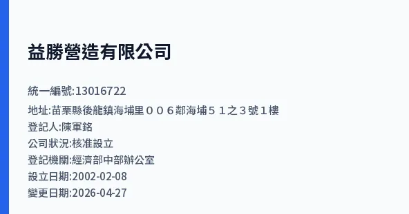 益勝營造有限公司的照片-統編 13016722(苗栗縣) 公司登記資料與營業項目詳細圖表