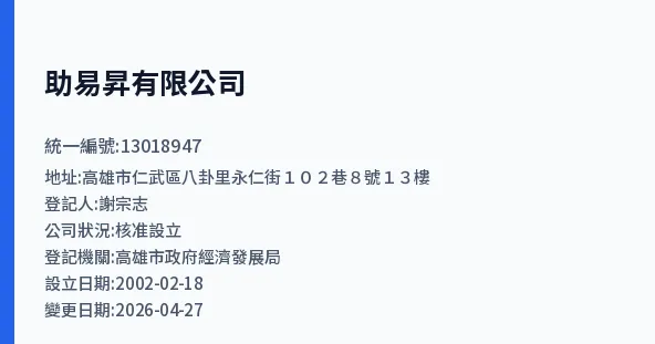 助易昇有限公司的照片-統編 13018947(高雄市) 公司登記資料與營業項目詳細圖表
