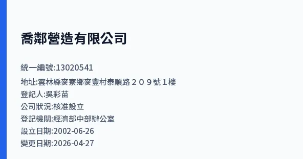 喬鄰營造有限公司的照片-統編 13020541(雲林縣) 公司登記資料與營業項目詳細圖表