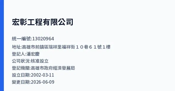 宏彰工程有限公司的照片-統編 13020964(高雄市) 公司登記資料與營業項目詳細圖表