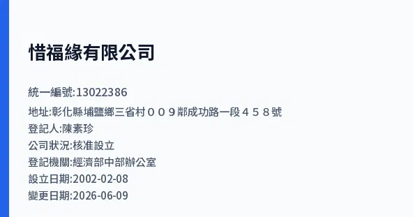 惜福緣有限公司的照片-統編 13022386(彰化縣) 公司登記資料與營業項目詳細圖表