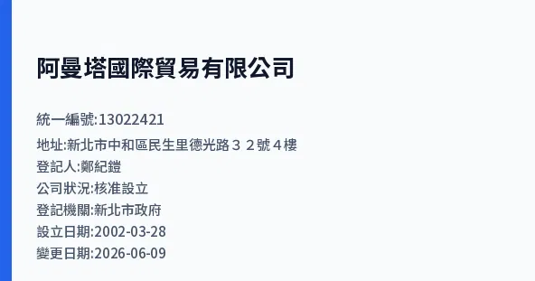 阿曼塔國際貿易有限公司的照片-統編 13022421(新北市) 公司登記資料與營業項目詳細圖表