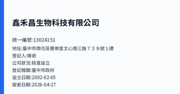 鑫禾昌生物科技有限公司的照片-統編 13024151(臺中市) 公司登記資料與營業項目詳細圖表