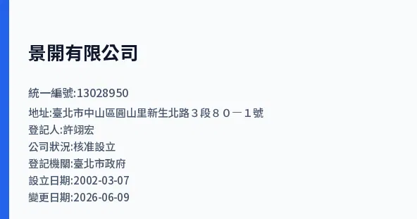 景開有限公司的照片-統編 13028950(臺北市) 公司登記資料與營業項目詳細圖表