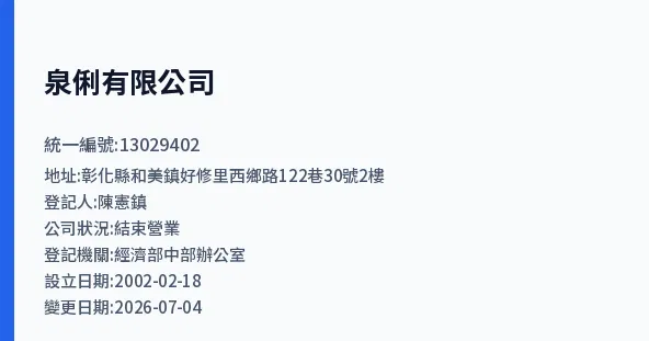 泉俐有限公司的照片-統編 13029402(彰化縣) 公司登記資料與營業項目詳細圖表