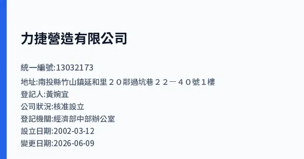 力捷營造有限公司的照片-統編 13032173(南投縣) 公司登記資料與營業項目詳細圖表