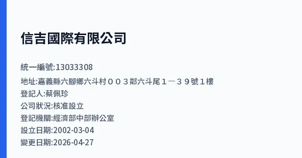 信吉國際有限公司的照片-統編 13033308(嘉義縣) 公司登記資料與營業項目詳細圖表