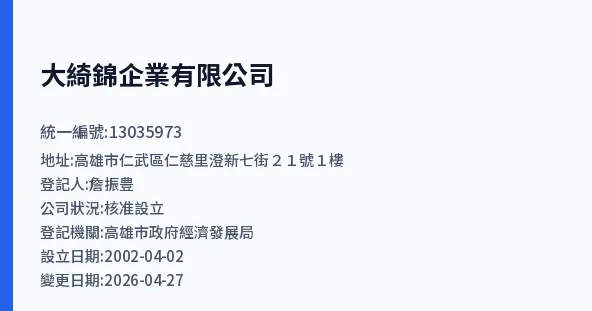 大綺錦企業有限公司的照片-統編 13035973(高雄市) 公司登記資料與營業項目詳細圖表
